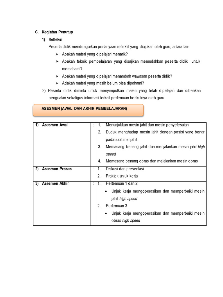 MA_MODUL AJAR PROGRAM KEAHLIAN BUSANA TEHNIK DASAR MENJAHIT (TDM)_Refleksi Pertemuan 1-2 | PDF