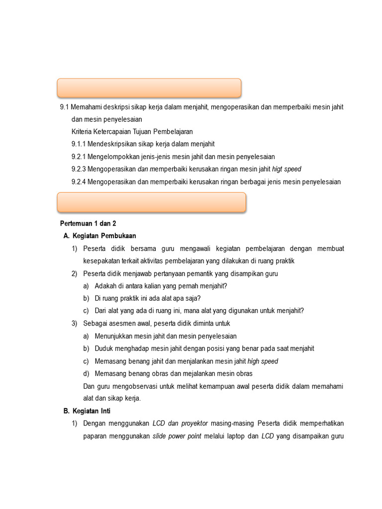 MA_MODUL AJAR PROGRAM KEAHLIAN BUSANA TEHNIK DASAR MENJAHIT (TDM)_Pertemuan 1-2 | PDF