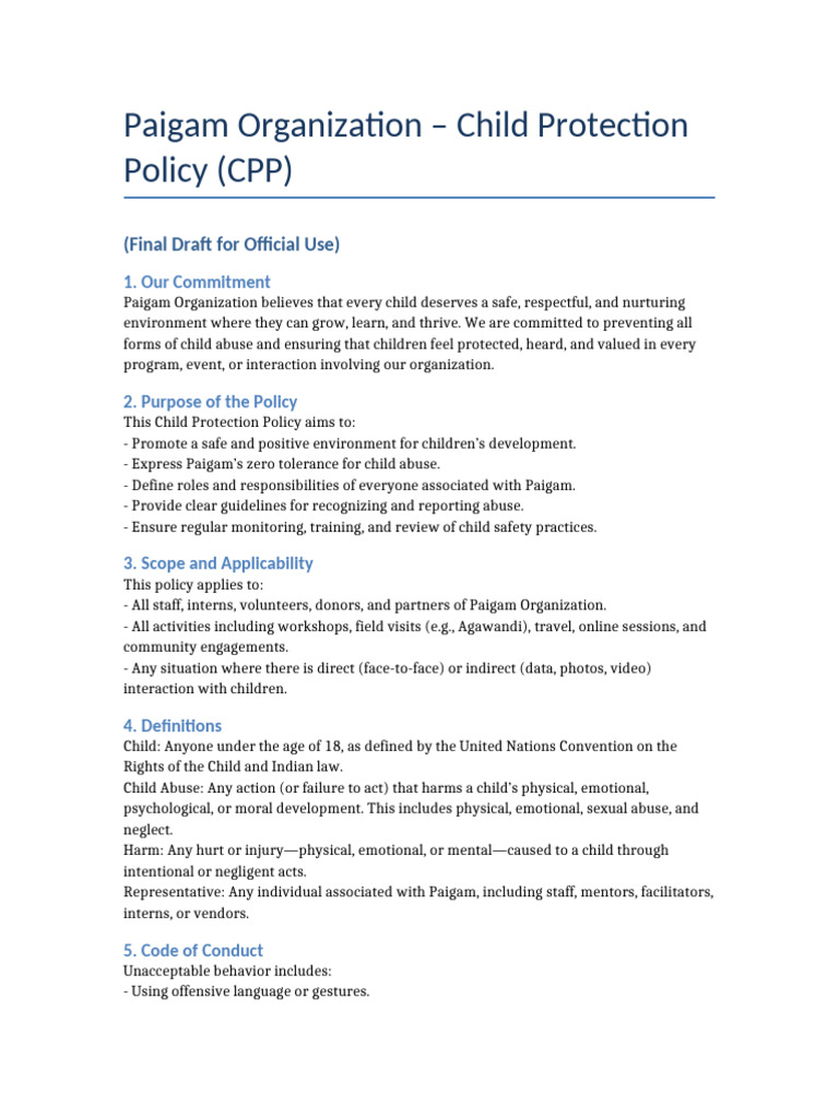 Paigam_Child_Protection_Policy | PDF | Child Protection | Child Abuse