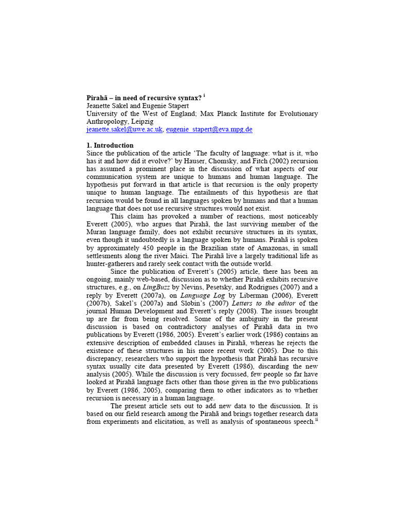 Piraha in Need of Recursive Syntax | PDF | Syntax | Recursion