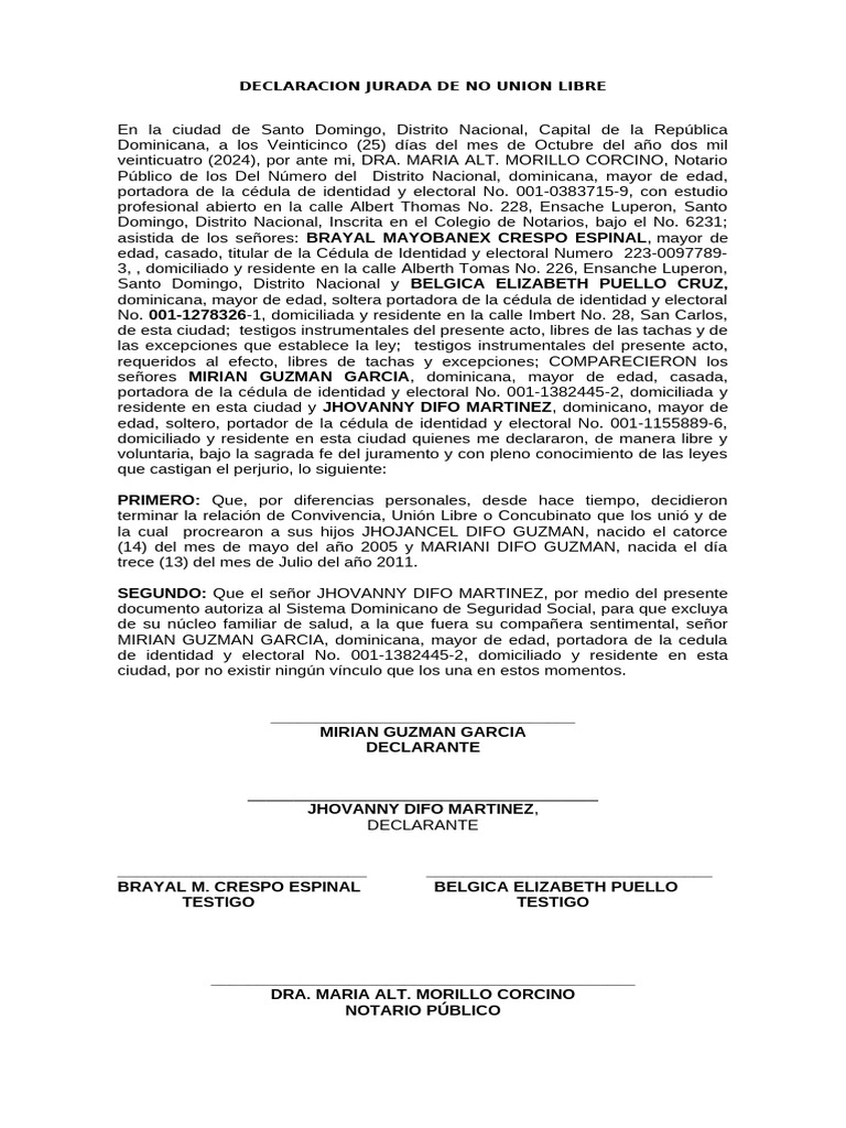 DECLARACION JURADA NO CONCUBINATO MIRIAM | PDF