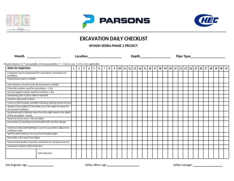 Excavation Daily Checklist for Riyadh Project | PDF
