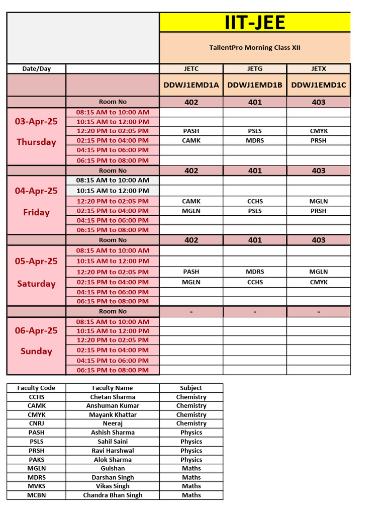 ENTHUSE TP IIT JEE Time Table_03rd Apr to 06th Apr_2025 | PDF