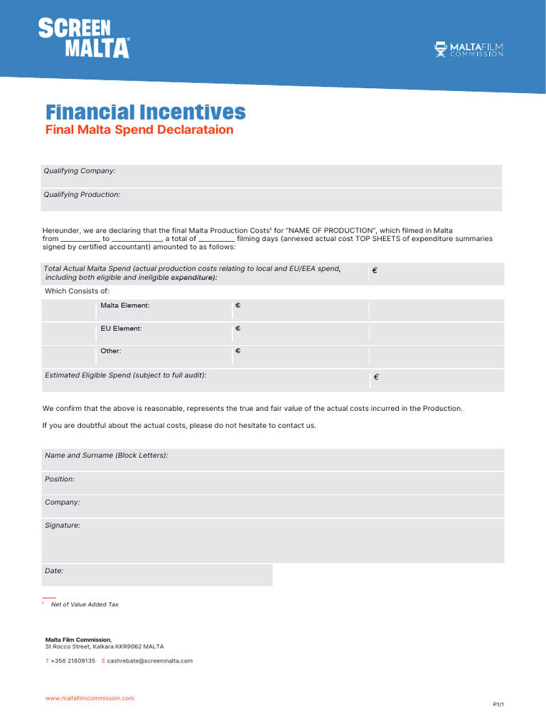 Screen Malta Financial Incentives Final Malta Spend Declaration | PDF
