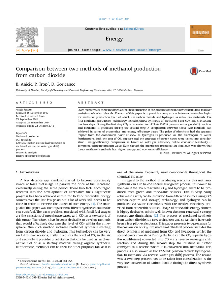 Comparison Between Two Methods of Methanol Production From Carbon Dioxide 2014 | PDF | Carbon ...