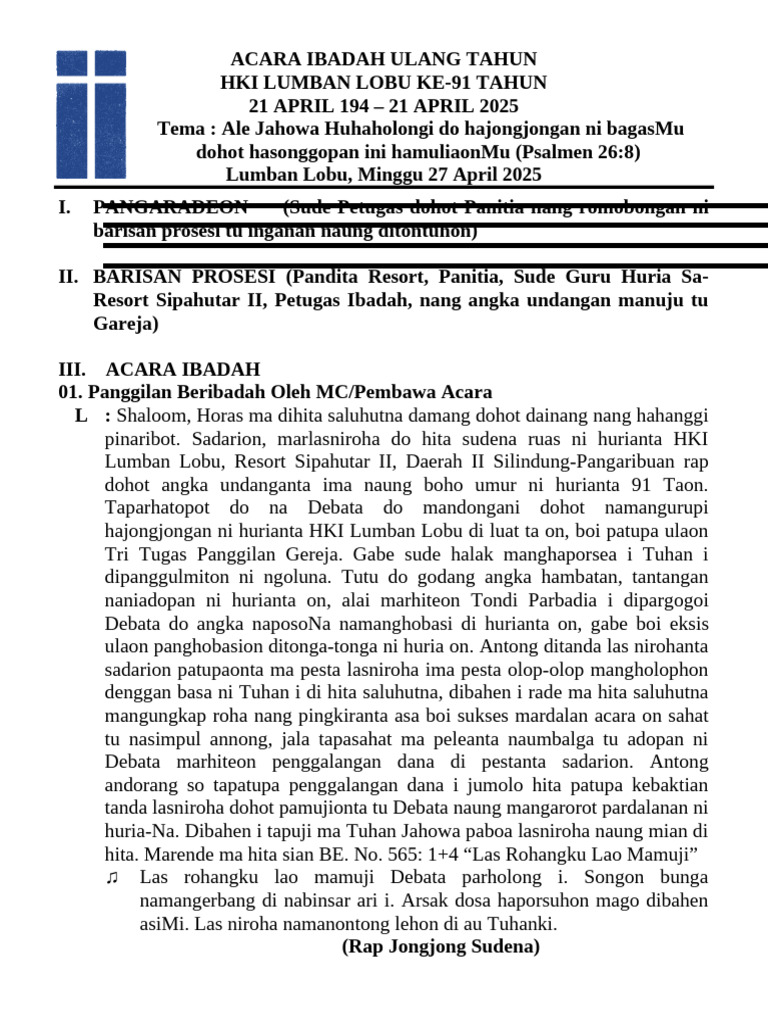 Ulang Tahun HKI Lumban Lobu ke-91 | PDF