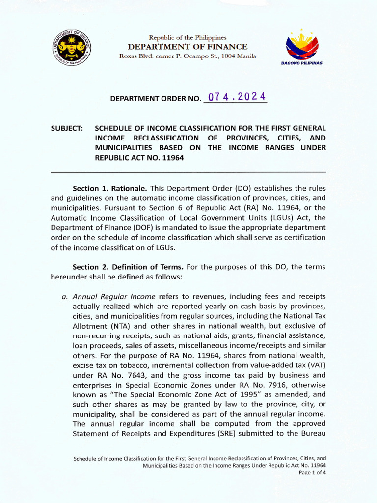 LGU Income Reclassification DOF DO - 074.2024 | PDF