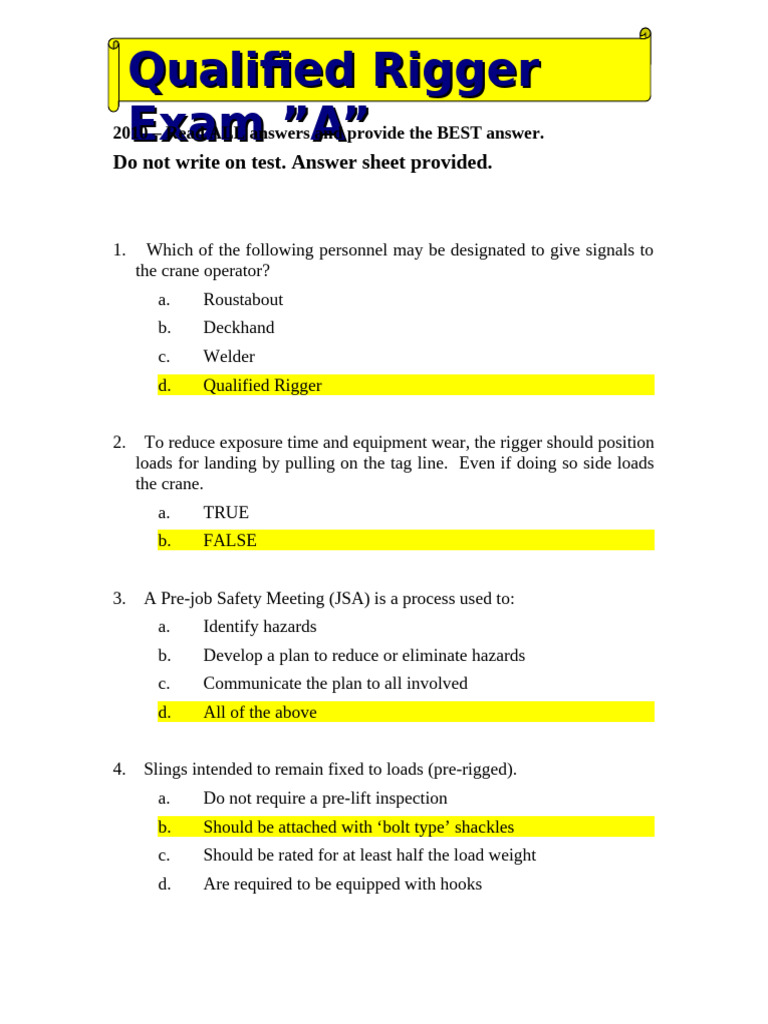 Crane Rigger Exam A 2010 Key | PDF | Crane (Machine) | Manufactured Goods