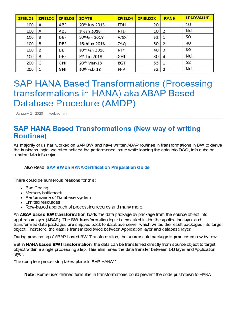 SAP HANA Transformations - Unlocking Processing With AMDP | PDF | Data | Data Management