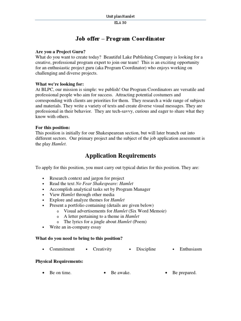 Unit Plan Hamlet | PDF | Hamlet | Poetry