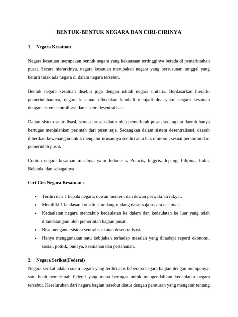 Ciri-Ciri Bentuk Negara Kesatuan dan Federal | PDF