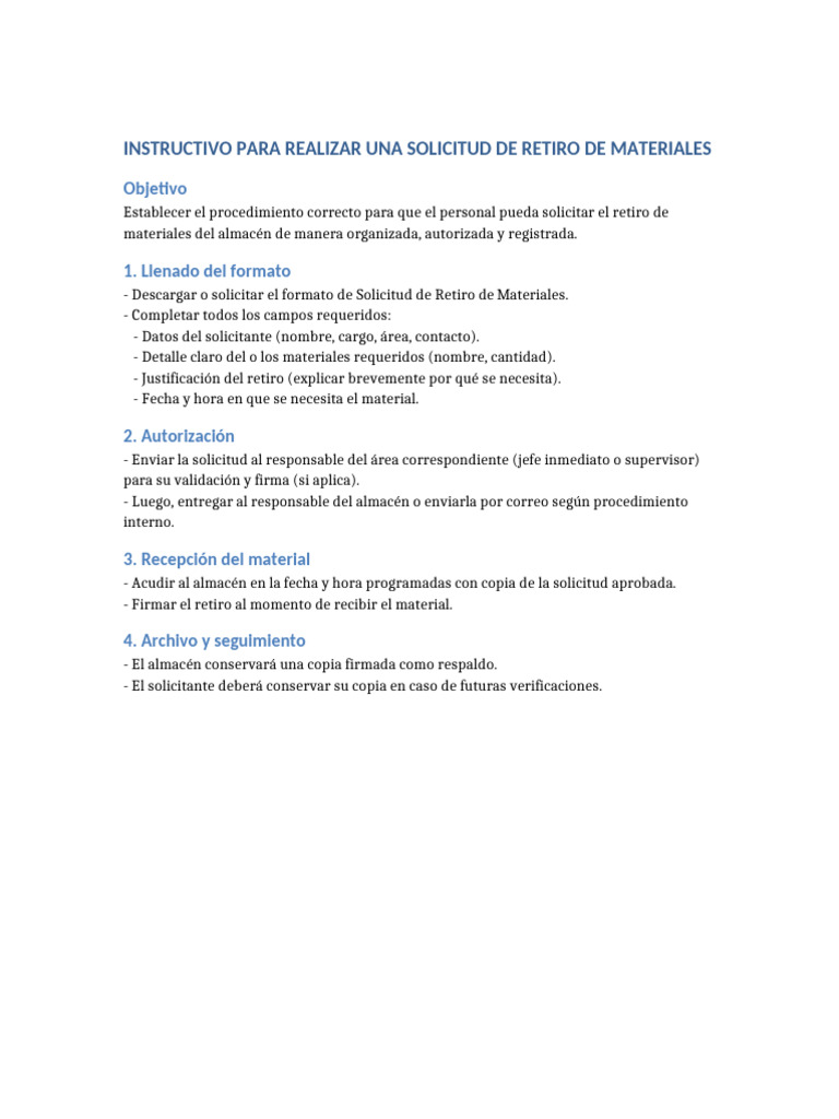 Instructivo Solicitud Retiro Materiales | PDF