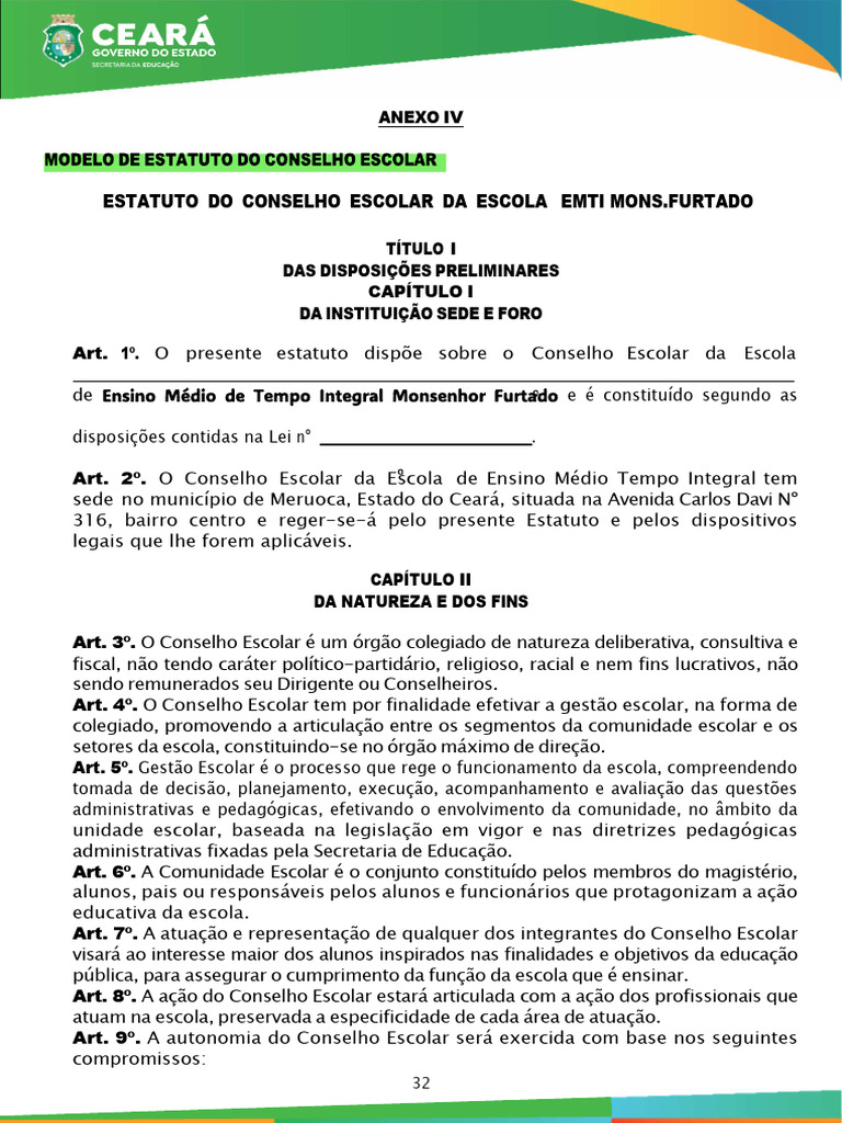Estatuto do Conselho Escolar EMTI Mons. Furtado | PDF | Conselho de ...
