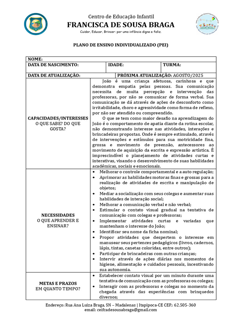 Modelo Plano de Ensino Individualizado (Pei) | PDF | Pré-escola ...