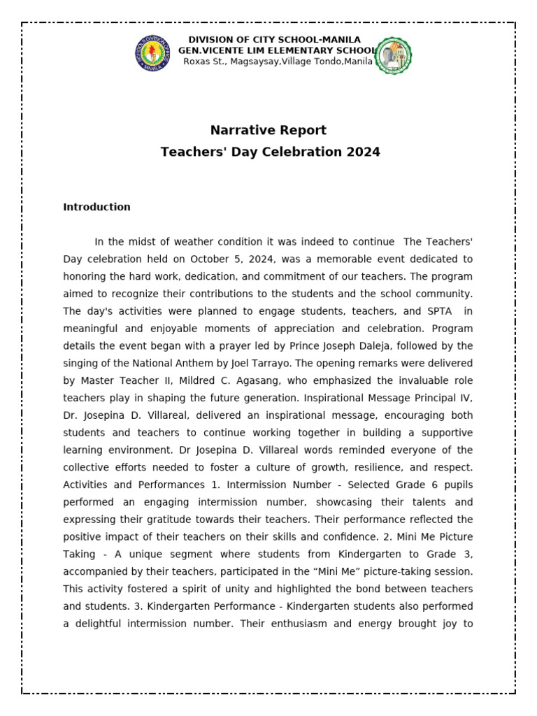 Narrative Report Teacher Day | PDF | Teachers | Learning