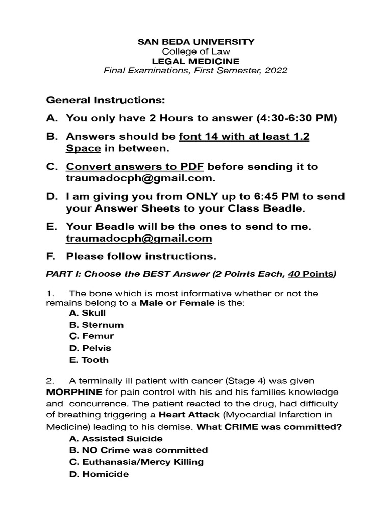 San Beda Law Final Exam: Legal Medicine | PDF | Death