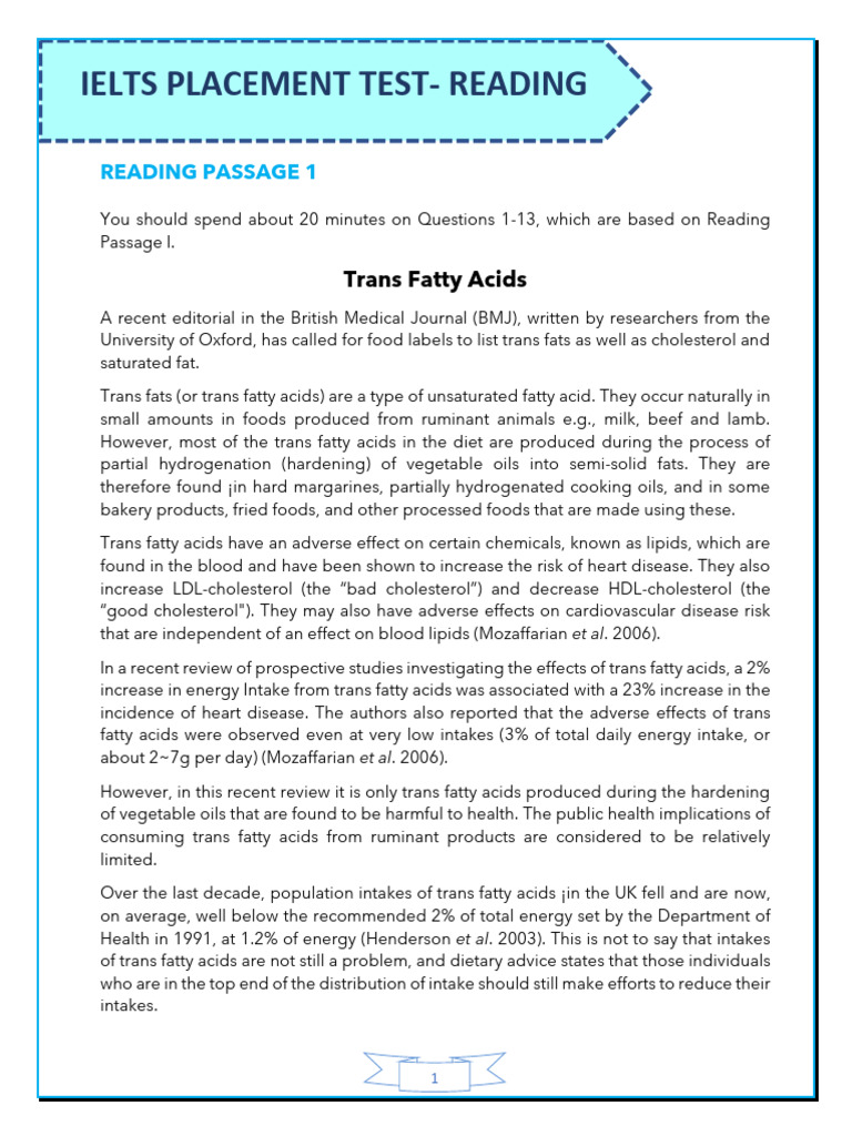 IELTS Reading Placement Test | PDF | Trans Fat | Fat
