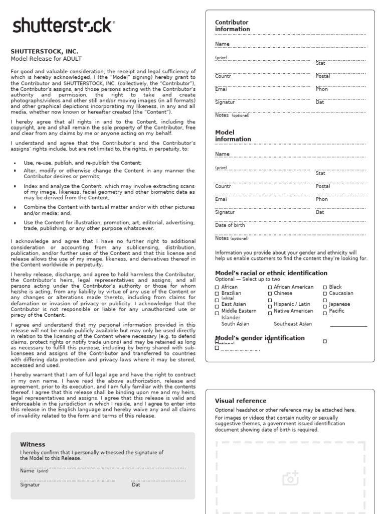 Shutterstock Adult Model Release Form | PDF | Race And Ethnicity In The ...