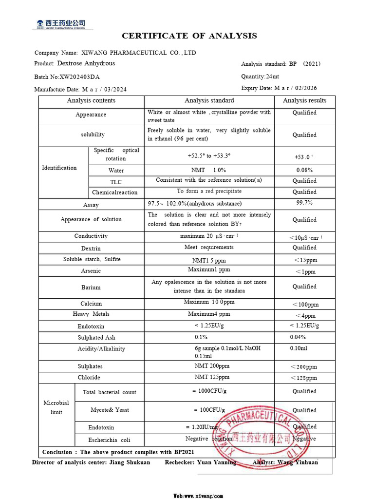 Coa Dextrose Anhydrous-Xiwang | PDF | Solubility | Atoms