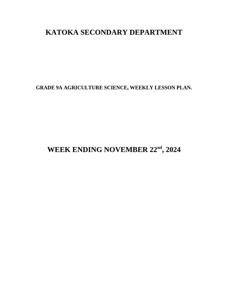 Grade 9A Agriculture Science Weekly Lesson Plan, Week Ending November ...