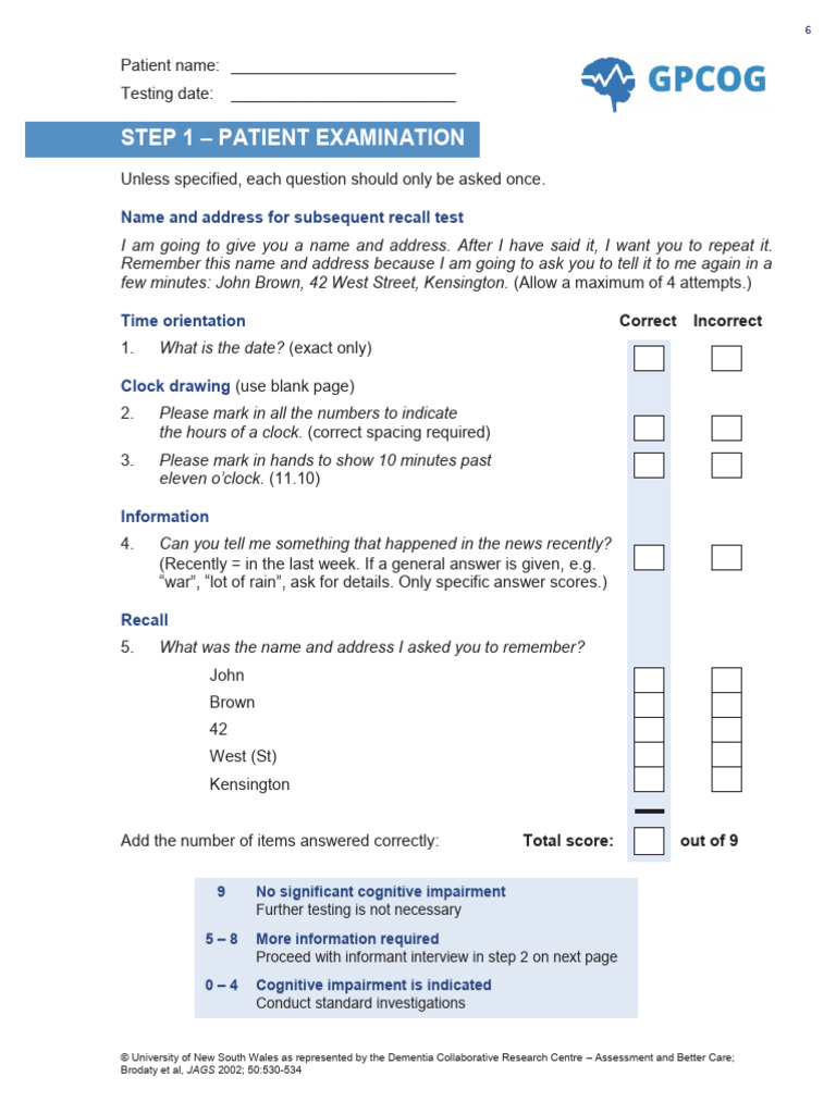 GPCOG Assessment | PDF | Dementia | Alzheimer's Disease
