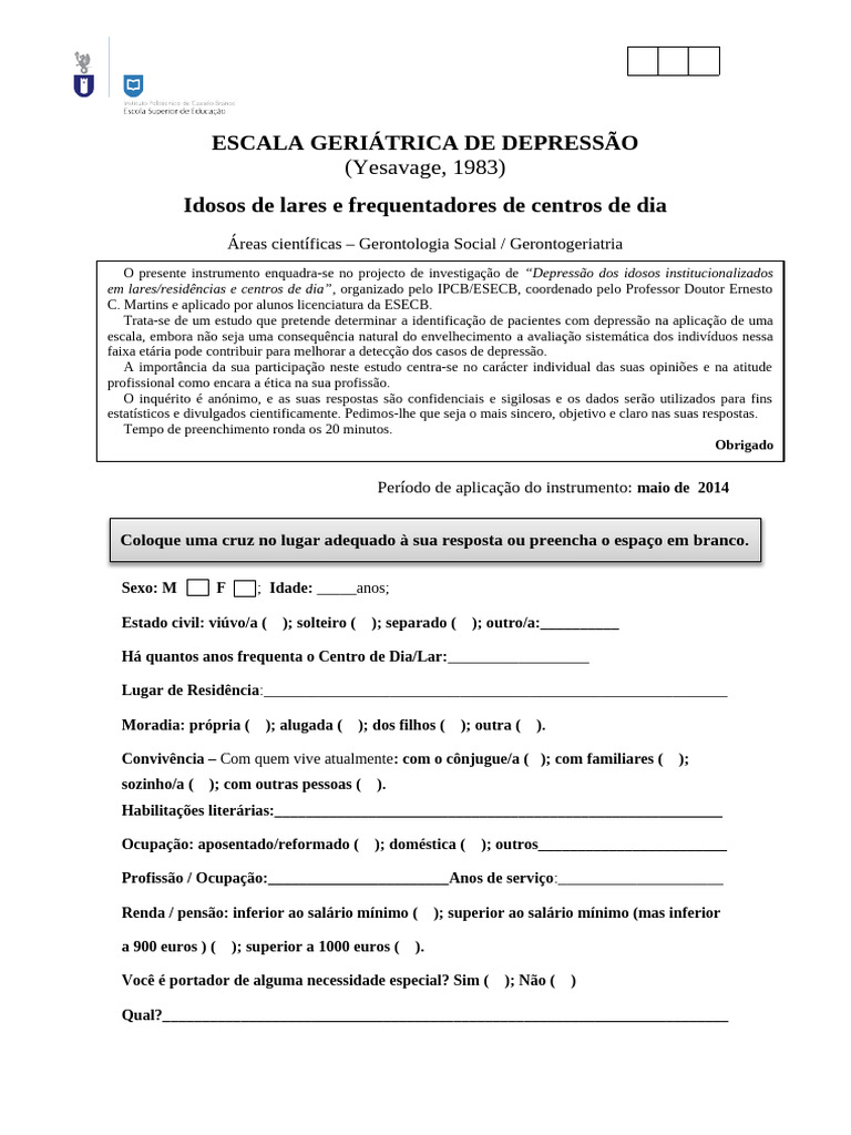 Escala de Yesavage para Idosos | PDF | Depressão | Tempo