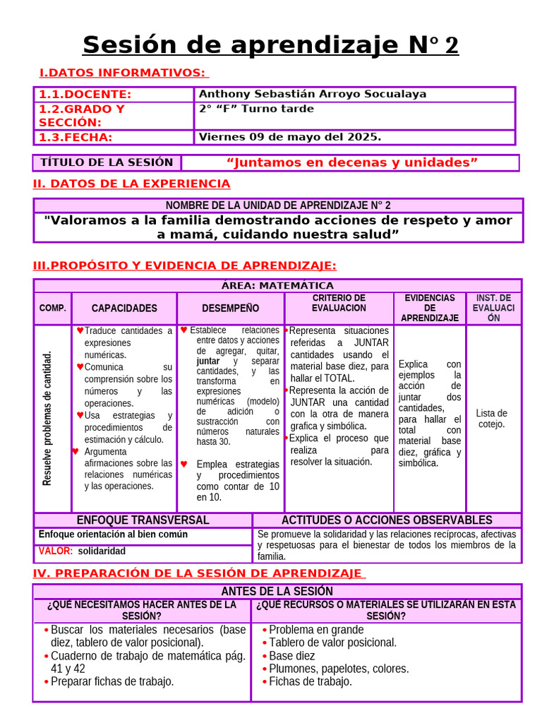 2do - U2 - SESIÒN 6 - Mat - JUNTAMOS CANTIDADES EN DECENAS Y UNIDADES | PDF | Aprendizaje ...