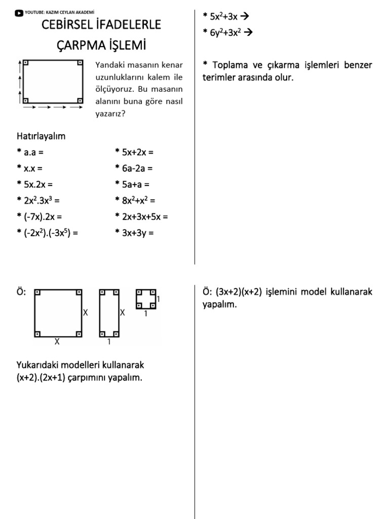 Cebirsel Ifadelerle Carpma Islemi Calisma Sayfasi | PDF