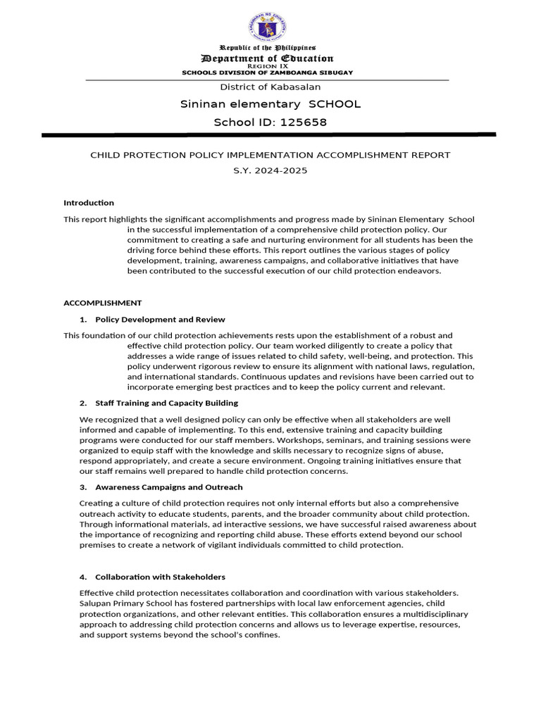 CPP Accomplishment Report - SES | PDF | Child Protection | Policy