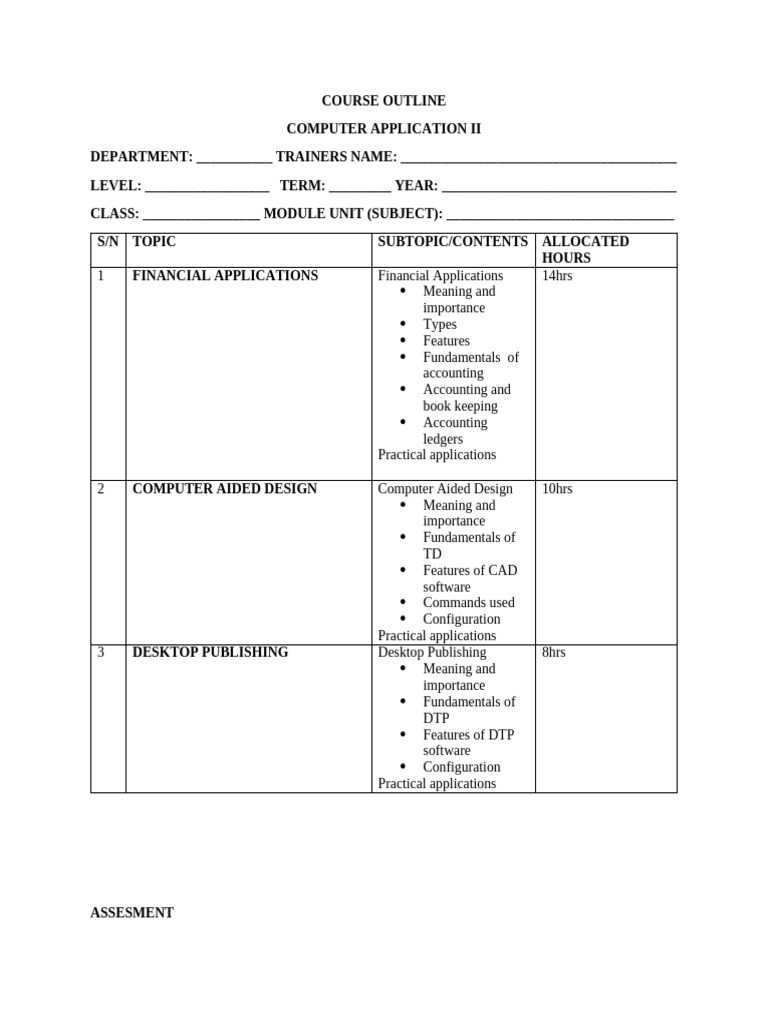 Computer Applications II Course Outline | PDF