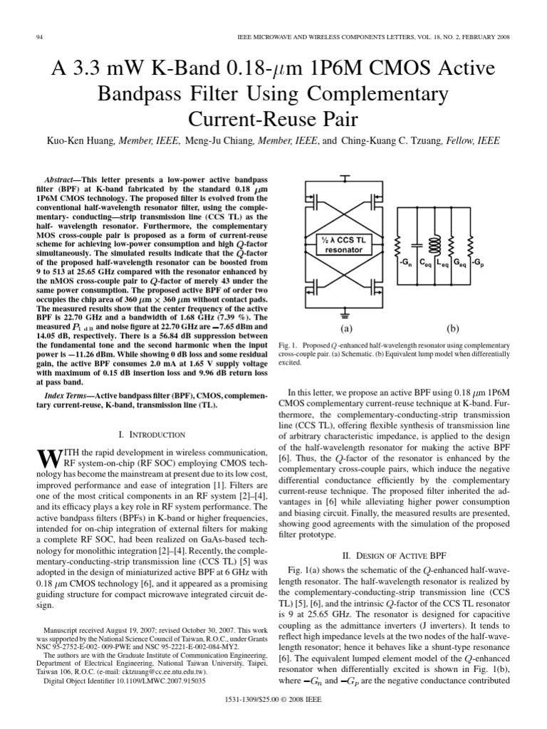 A 3.3 MW K-Band 0.18-Mu M 1P6M CMOS Active Bandpass Filter Using ...