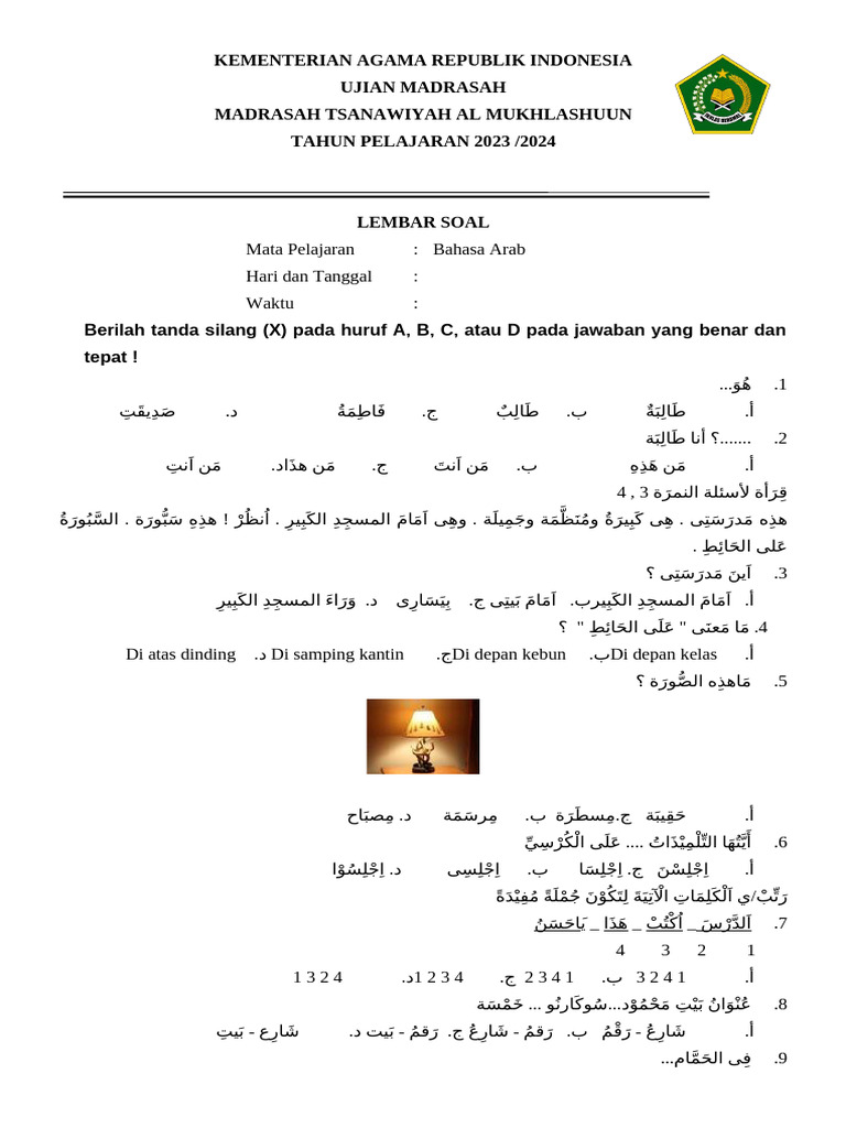 Soal UM MTs - Bahasa Arab (Websiteedukasi.com) | PDF