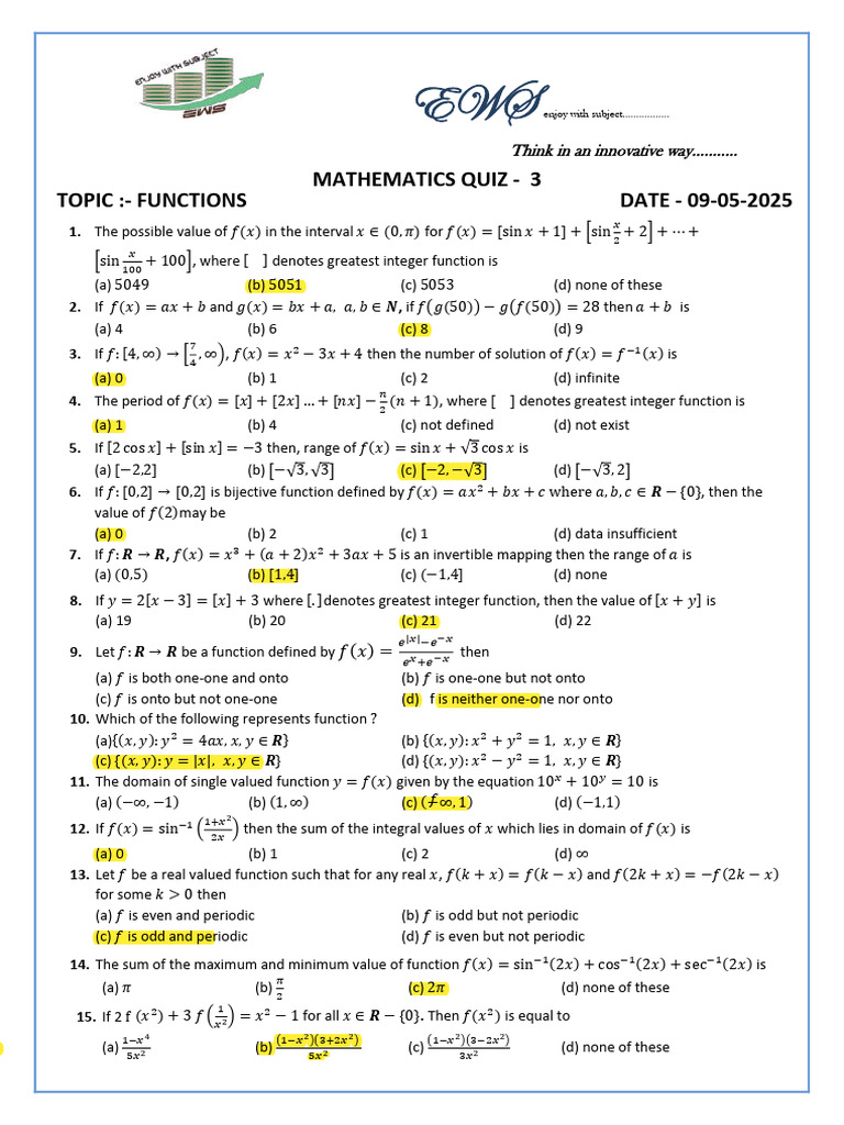 Mathematics Quiz - 3 (Topic - Functions) Answerkey (Class - 12th Impulse) Date - 09-05-2025 ...