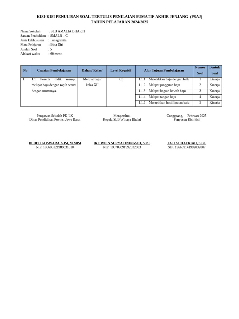kisi kisi dan soal bina diri bu tati SMALB | PDF