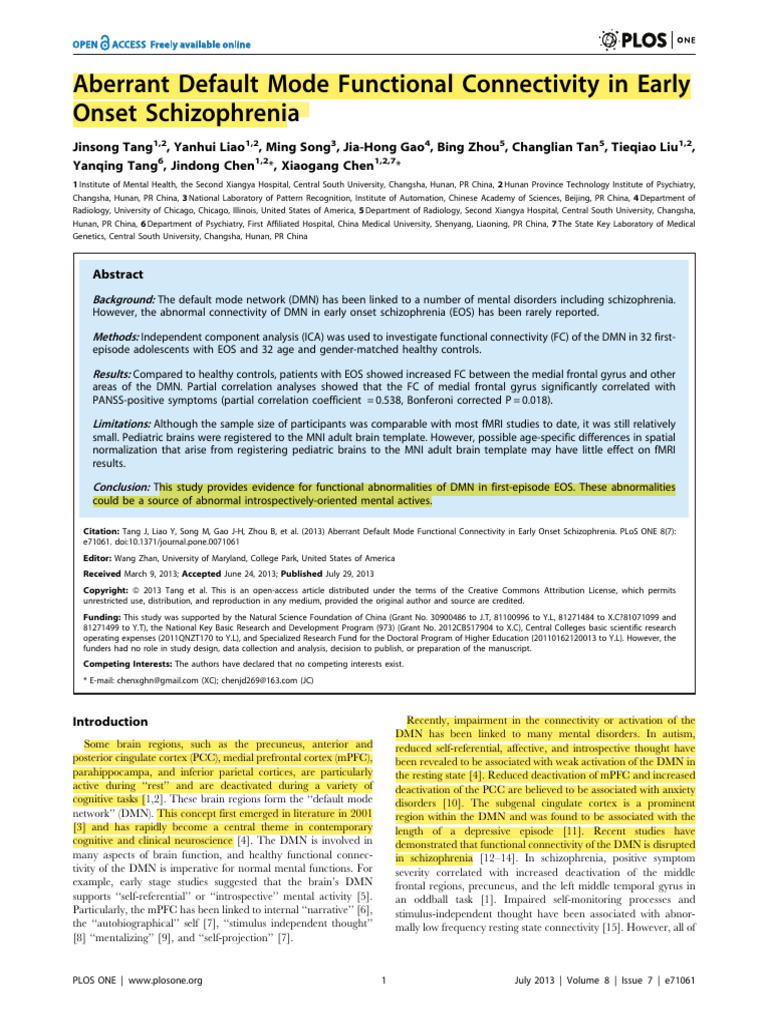 Aberrant Default Mode Functional Connectivity in Early | PDF | Cingulate Cortex | Neuroscience