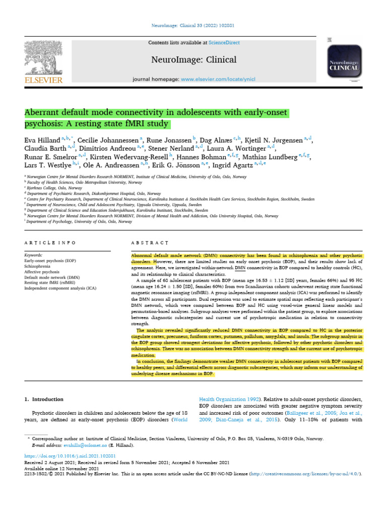 Aberrant Default Mode Connectivity in Adolescents With Early Onset ...