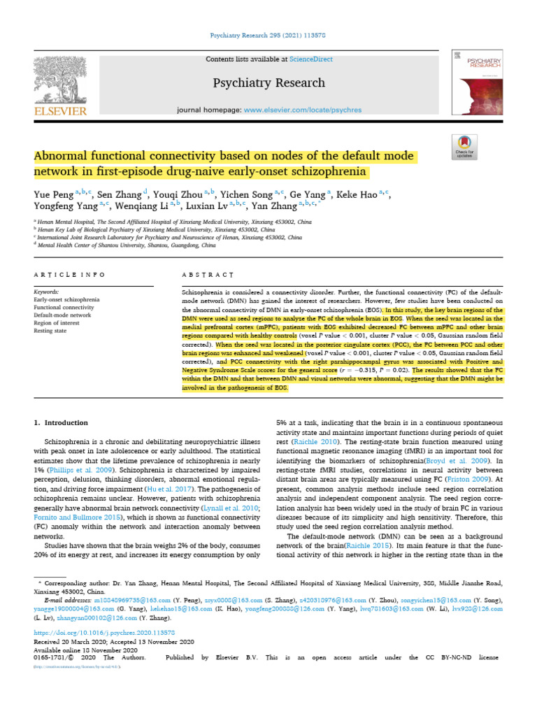 Abnormal Functional Connectivity Based On Nodes of The Default Mode | PDF | Frontal Lobe ...