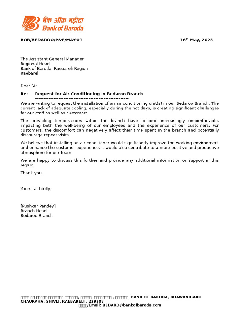 Air Conditioning Request for Bedaroo Branch | PDF