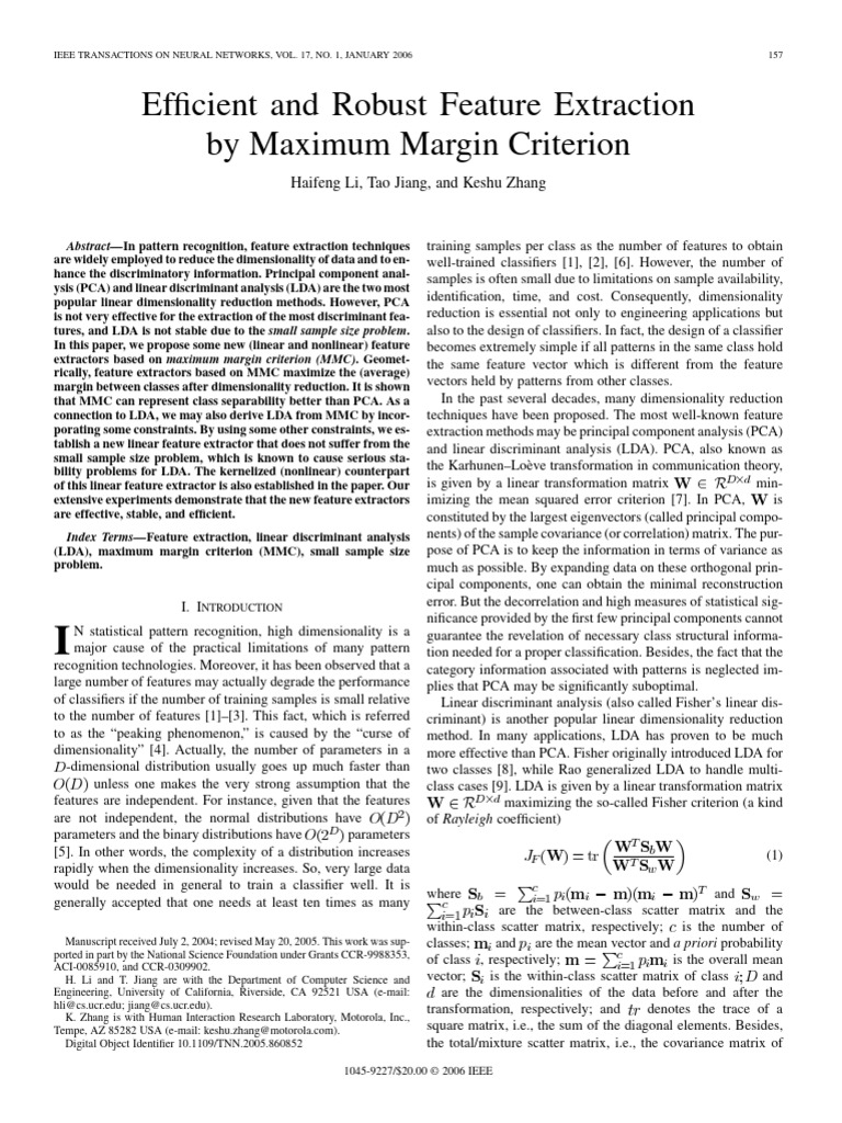 1-7 MMC Efficient and Robust Feature Extraction by Maximum Margin Criterion | PDF | Eigenvalues ...
