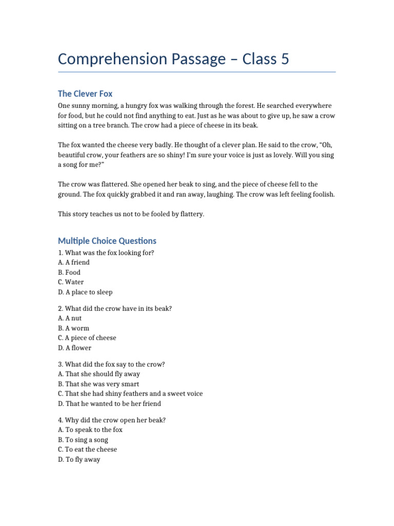 Class 5 Comprehension Clever Fox Vocabulary | PDF