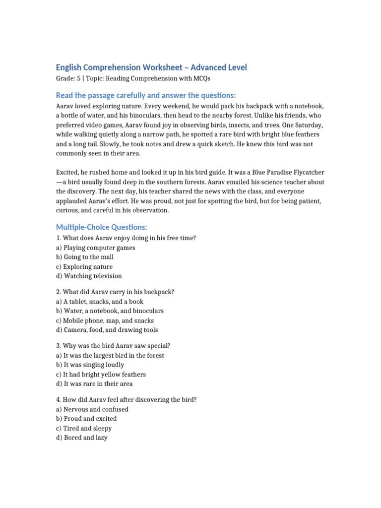 Comprehension Advanced Level Class5 | PDF