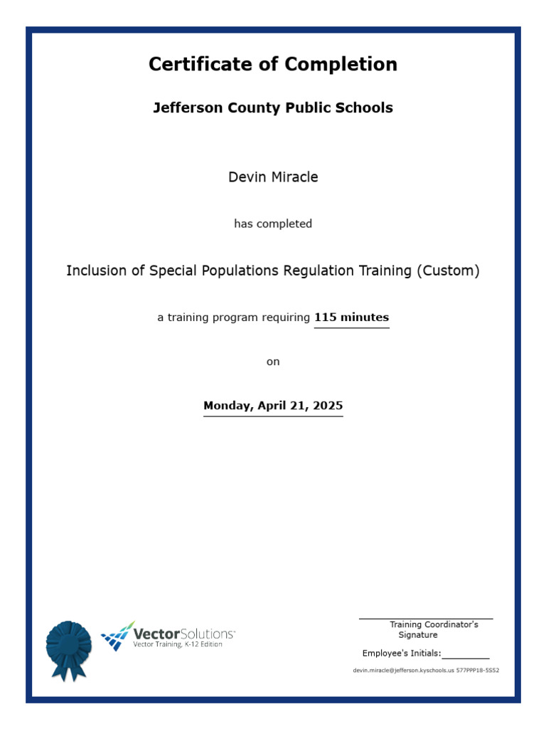 Completion Certificate for Special Populations Training | PDF