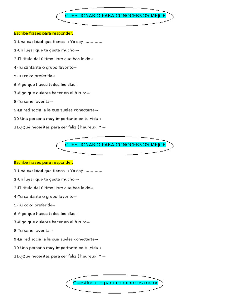 Cuestionario para Conocernos Mejor | PDF