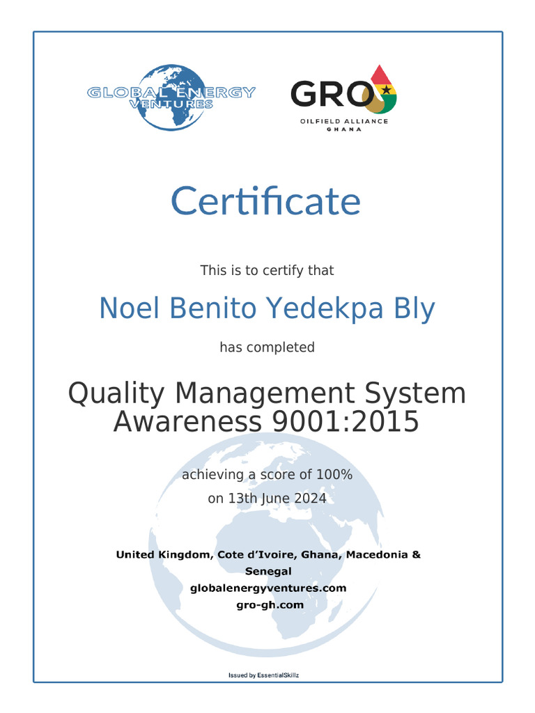 Print Cert Name Singlenoel Benito Yedekpa Bly Quality Management System Awareness 900120 | PDF