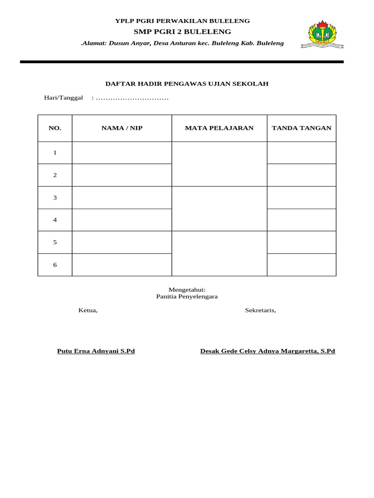 Daftar Pengawas Ruang Ujian Sekolah | PDF