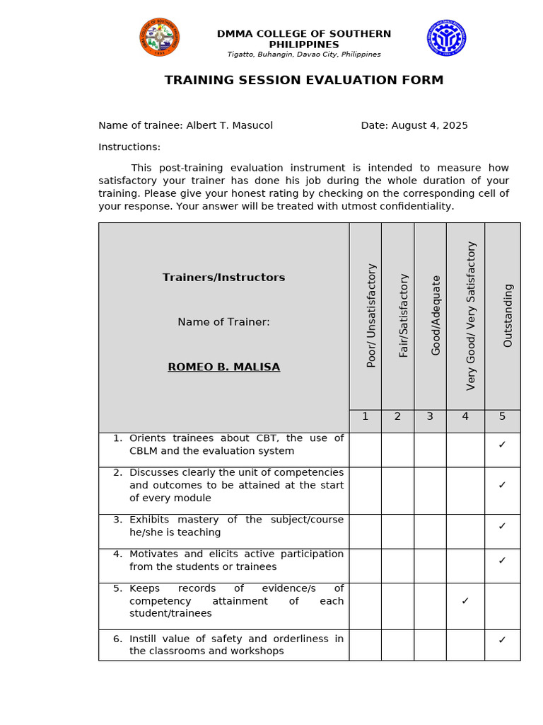Training Session Evaluation Form | PDF | Intelligence | Education Theory