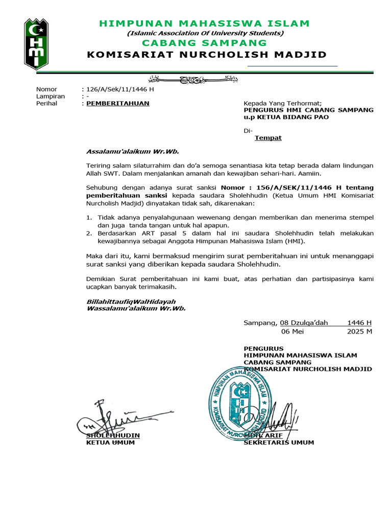 Surat Pemberitahuan Sanksi | PDF