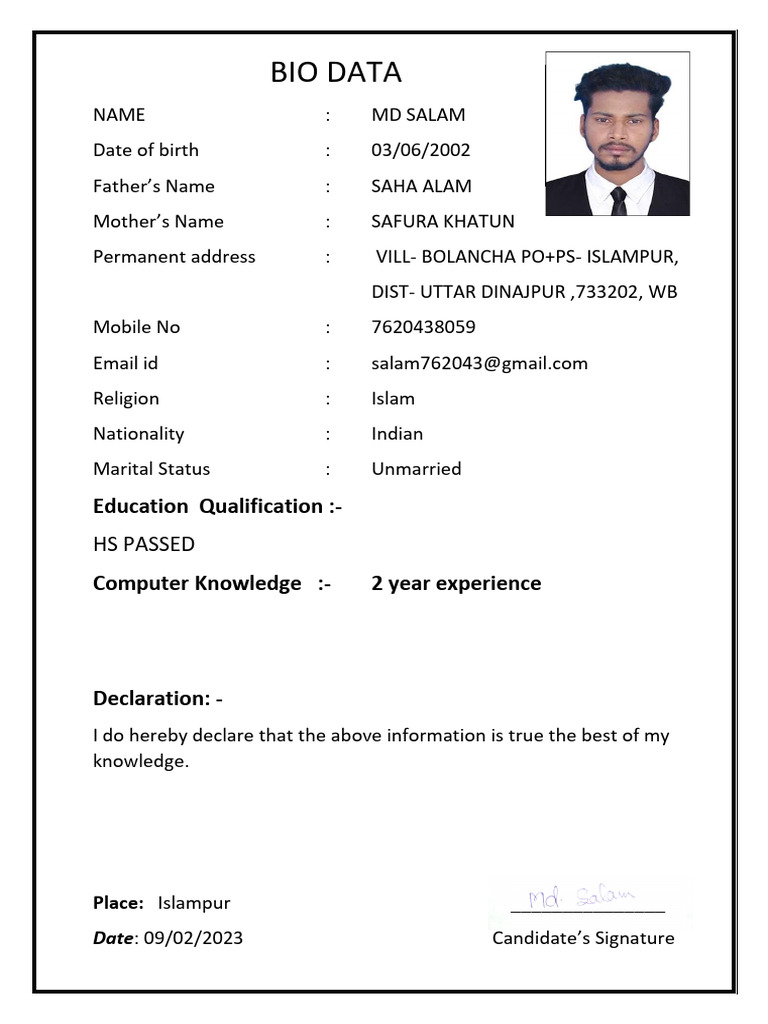 MD Salam Bio Data | PDF