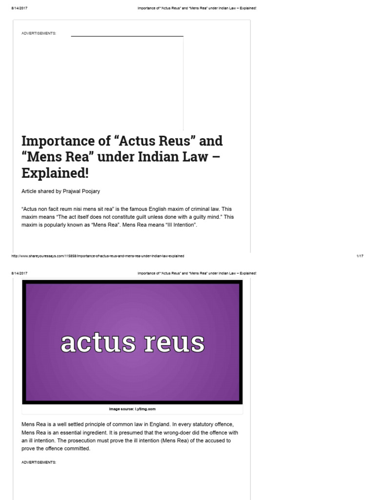 Importance of “Actus Reus” and “Mens Rea” under Indian Law – Explained! | PDF | Mens Rea ...