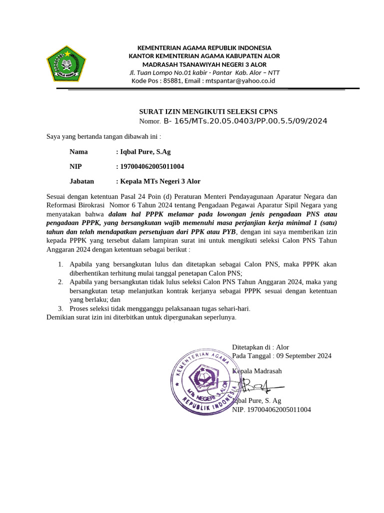 Surat Izin Mengikuti CPNS | PDF